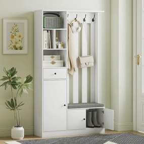 HOMCOM 180 cm skříň na předsíň s věšákem na oblečení, botníkem, 4 háčky, otevřené odkladací plochy, MDF, bílá