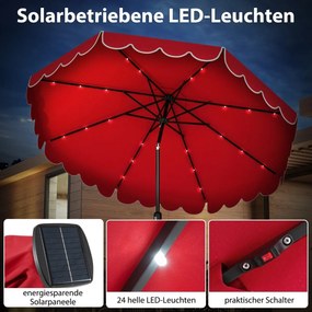 Costway 300 cm slunečník s LED osvětlením a klika a záclonka market, víno