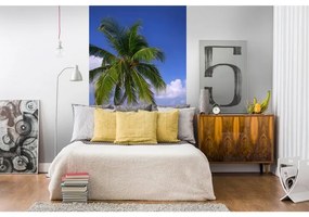 DIMEX | Vliesová fototapeta na zeď Pláž s palmou MS-2-0194  | 150 x 250 cm | zelená, modrá, bílá