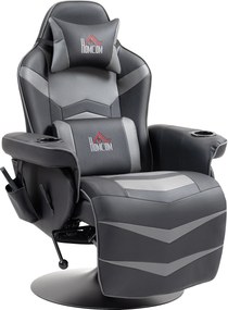 HOMCOM Herní židle s masáží, otočná o 360°, 6 masážních bodů, podnožka, odnímatelná opěrka hlavy, koženka, 79,5 x 82,5 x 111,5 cm, šedá| Aoso