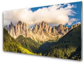 Obraz na skle Vrcholy Hor Mraky Lesy Louka 125x50 cm