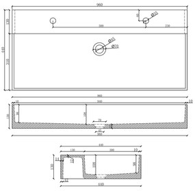 Sapho, QUADRADO betonové umyvadlo včetně výpusti, 96x44 cm, 2 otvory, černý granit, AR473