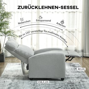 HOMCOM Relaxační křeslo, nastavitelné 135°, vysouvací podnožka, polstrovaná opěradla, lněný/polyester, světle šedá