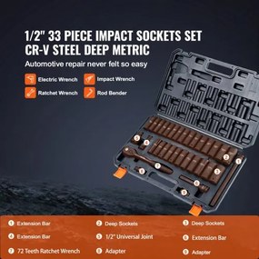 12,7 mm sada rázových nástavců, 33dílná sada nástavců SAE 1–2,5 cm