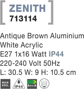 NV 713114 Venkovní nástěnné svítidlo ZENITH antický hnědý hliník bílý akrylový difuzor E27 1x12W 220-240V bez žárovky IP44 - NOVA LUCE