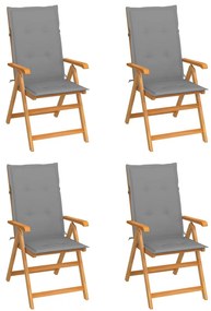 Skládací židle 4 ks s šedými polštáři z masivního teakového dřeva 3065531
