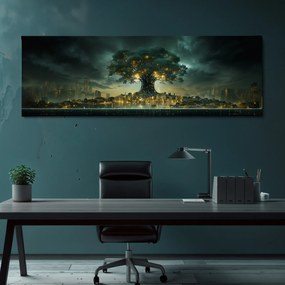 Obraz na plátně - Kybernetická symbióza Strom života a městská krajina FeelHappy.cz Velikost obrazu: 210 x 70 cm