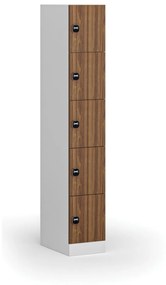 Šatní skříňka s úložnými boxy, 5 boxů, 1850 x 300 x 500 mm, RFID zámek, laminované dveře, ořech