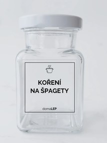 Samolepka na kořenky KOŘENÍ NA ŠPAGETY průhledná 5 × 5 cm tučné písmo