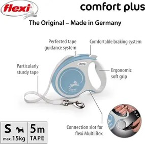 FLEXI Vodítko Comfort Plus S světle modré / Samonavíjecí / pásek / 5 m