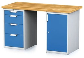 Alfa 3 Dílenský stůl MECHANIC I se zásuvkovým boxem a skříňkou na nářadí místo nohou, 4 zásuvky, 1500 x 700 x 880 mm, modré dveře