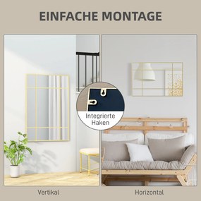 HOMCOM Obdélníkové Nástěnné Zrcadlo 90x60 cm se Zlatým Kovovým Rámem - Dekorativní Zrcadlo do Obývacího Pokoje, Ložnice a Předsíně