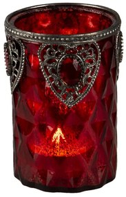 Červený skleněný zdobený svícen Rouge – 9x14 cm