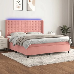Box Spring Postel S Matrací A Led Samet Růžová tlačítka 180 x 200 cm