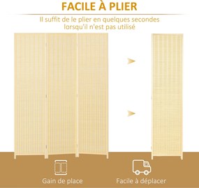 HOMCOM Interiérový dřevěný paravan 3 panely 135 x 180 cm Skladný rozdělovací separator pro obývací pokoj a ložnici, přírodní dřevo