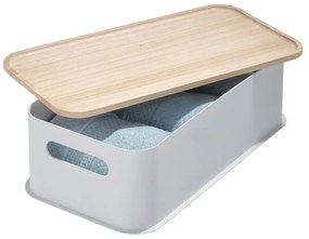 Šedý úložný box s víkem ze dřeva paulownia iDesign Eco Handled, 21,3 x 43 cm