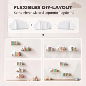 AIYAPLAY sada 3 nástěnných dětských regálů 60 cm, dětský knihovník ve tvaru oblaku, plovoucí knihovník Montessori pro 3–8 let, bílý