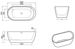 BPS-koupelny Volně stojící akrylátová vana HYD-POR503A 150x75 bílá, odtokový komplet chrom