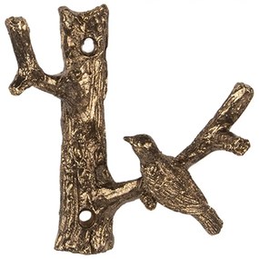 Zlatý antik nástěnný kovový věšák s ptáčkem - 9*5*9 cm