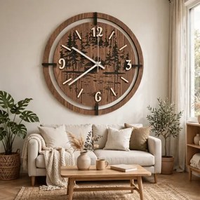 Dřevěné nástěnné hodiny s motivem lesa - moderní design | SENTOP HDF0702-ruky-silver