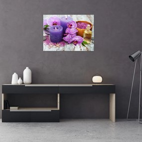 Skleněný obraz orchideí a svíček (70x50 cm)