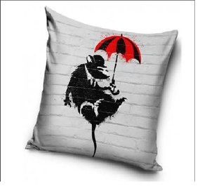 Polštářek Banksy Krysa s deštníkem, 40x40 cm