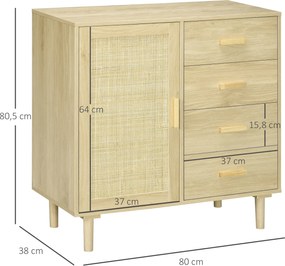 Úložný kabinet HOMCOM z ratanu s dvířky z proutí a 4 zásuvkami, do jídelny, obývacího pokoje, ložnice, 80 x 38 x 80,5 cm, efekt přirozeného dřeva | Ao