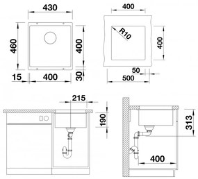 Blanco Subline 400-U, silgranitový dřez pod pracovní desku 400x400x190 mm, 1-komorový, bílá soft, BLA-527166
