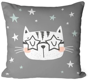 Polštář z mikrovlákna Kočka mezi hvězdami - motiv zvířete na tmavě šedém pozadí