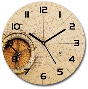 Wallmuralia Skleněné hodiny na stěnu Kompas na mapě fi 30 cm