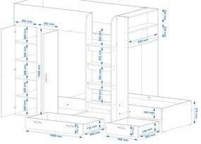 Patrová postel NEMO, 80 x 190 cm, se šatní skříní a zásuvkami