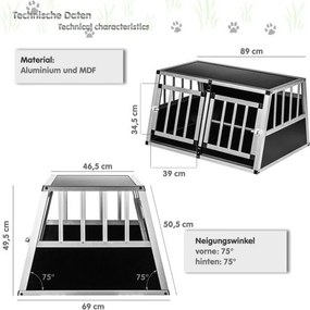 Hliníková přepravní klec pro psy 89 × 69 × 50 cm, 12 kg