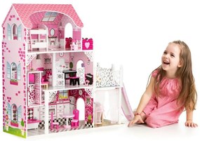 Dřevěný domeček pro panenky s výtahem a skluzavkou