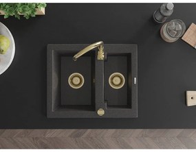 Mexen Carlos, granitový dřez 582x475x177 mm, 1,5-komorový, černá skvrnitá se zlatým sifonem, 6518581500-76-G