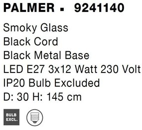 Nova Luce Závěsné svítidlo PALMER kouřové sklo černý kabel černá kovová základna E27 3x12W