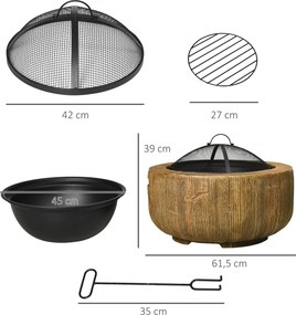 Miska na oheň v designu pařezu, rošt na jiskry, rošt na dřevěné uhlí, pohrabáč, Ø61,5 x 39 cm