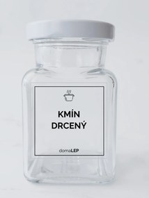 Samolepka na kořenky KMÍN DRCENÝ průhledná 5 × 5 cm tučné písmo