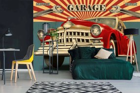 DIMEX | Samolepicí vliesová fototapeta na zeď Retro plakát garáž MA-5-2152 | 375 x 250 cm | modrá, červená, černá, žlutá