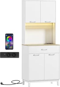 HOMCOM kuchyňská skříňka s LED světly, nabíjecí stanice, 4 dveře, zásuvka, otevřená pracovní deska, 71x40x180 cm, bílá