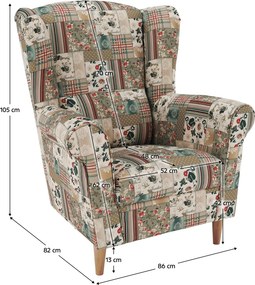 relaxační křeslo, ušák, dřevo/látka, nohy světlé/potah patchwork viorica 1, Tempo Kondela CHARLOT