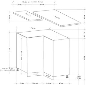 LANGEN šp | dolní skříňka D90N rohová s policí | 90x90 cm | UNI provedení | SOKL v CENĚ | artisan/šedá