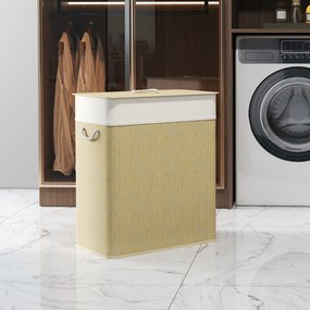 HOMCOM Bambusový koš na prádlo s víkem 100L Koš na prádlo se 2 přihrádkami a vyjímatelným vnitřním pytlem pro laundry room a ložnici 52x32x63 cm Přír…
