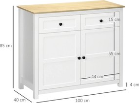 HOMCOM Bufetová Skříň pro Obývací Pokoj a Kuchyň s 2 Dveřmi, Nastavitelnou Výškou Police, 2 Zásuvkami 100 x 40 x 85 cm v Bílém a Dřevěném Provedení