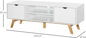 HOMCOM Moderní TV Stolek pro Televize do 65 palců s 2 Dveřmi, 2 Otevřenými Policemi a Dřevěnými Nohami 150x39x50 cm Bílý