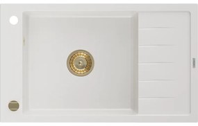 Mexen Elias 1-miskový granitový dřez s odkapávačem 795 x 480 mm, Bílá, sifon Zlatá - 6511791005-20-G