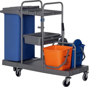 HOMCOM Úklidový vozík se sáčkem na odpadky, servisní vozík s 18L mopovými kybly, lisem a policemi pro hotely 111x63.3x103 cm Vícebarevný