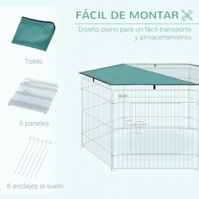 PawHut Ohrádka pro psy 6 panelů 59x60 cm Skládací kovový plot pro domácí mazlíčky s dveřmi a zámkem a stříškou pro zahradu a terasu