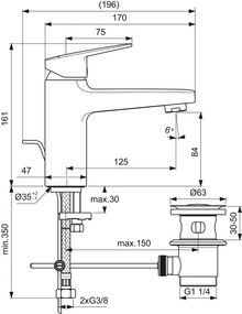 Ideal Standard Ceraplan - Umyvadlová baterie Grande s laminárním proudem s kovovou odtokovou garniturou, chrom BD232AA