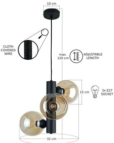 Lustr na lanku TUBE 3xE27/60W/230V černá/kouřová béžová