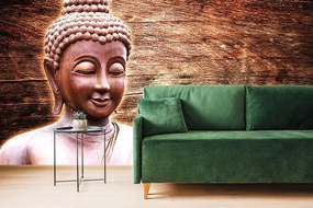 Samolepící tapeta socha Buddhy na dřevěném pozadí - 450x300 cm